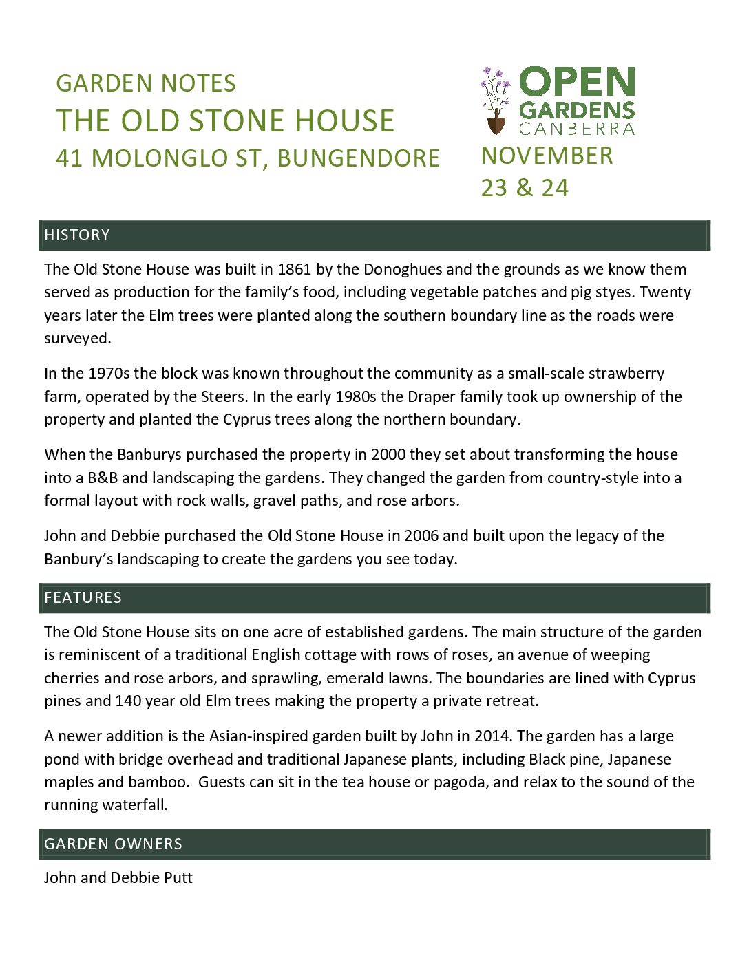 Old Stone House Garden Notes - Open Gardens Canberra